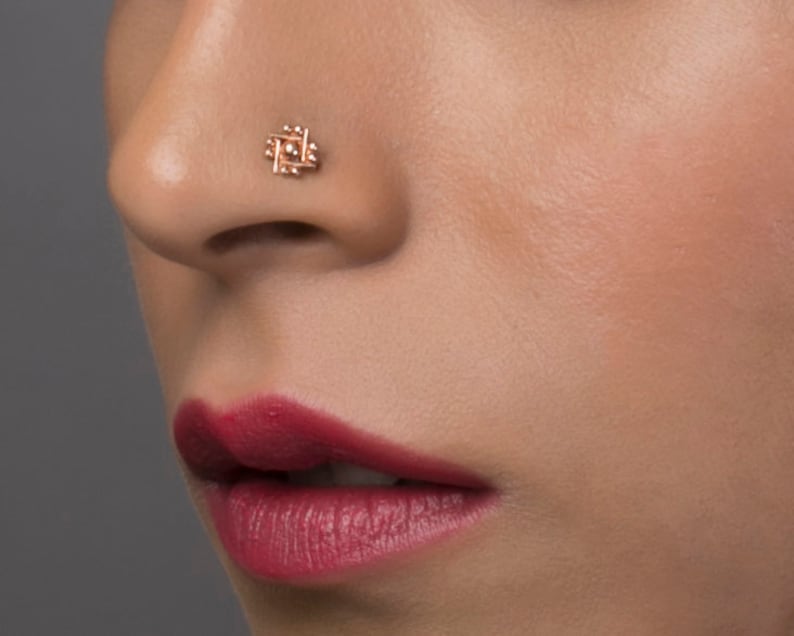 14K Rose Gold Nose Stud, Square Nose Ring, India Nose Screw Piercing ...