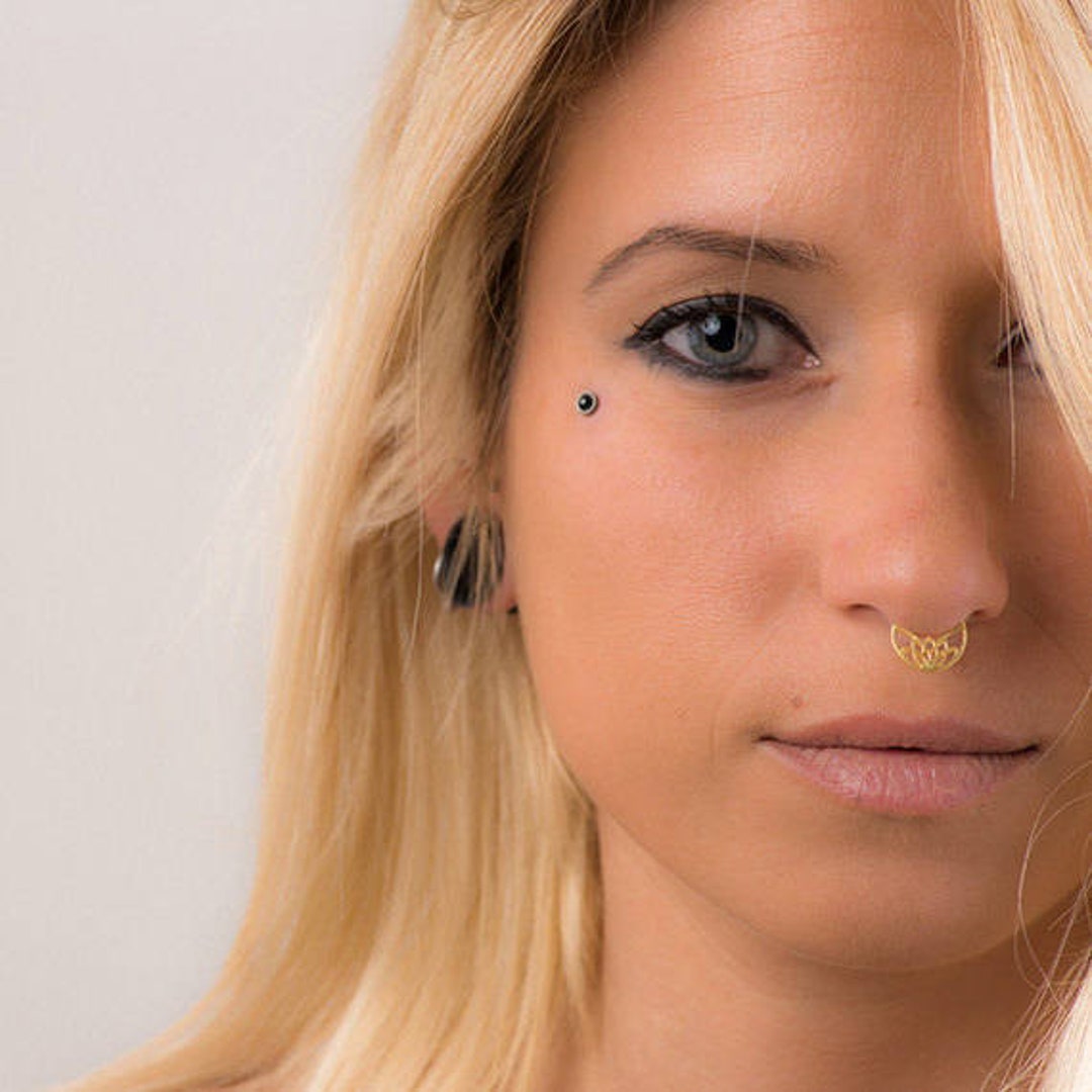 14K Gold Delicate Lotus Flower Septum Ring, Indian Ethnic Handmade ...