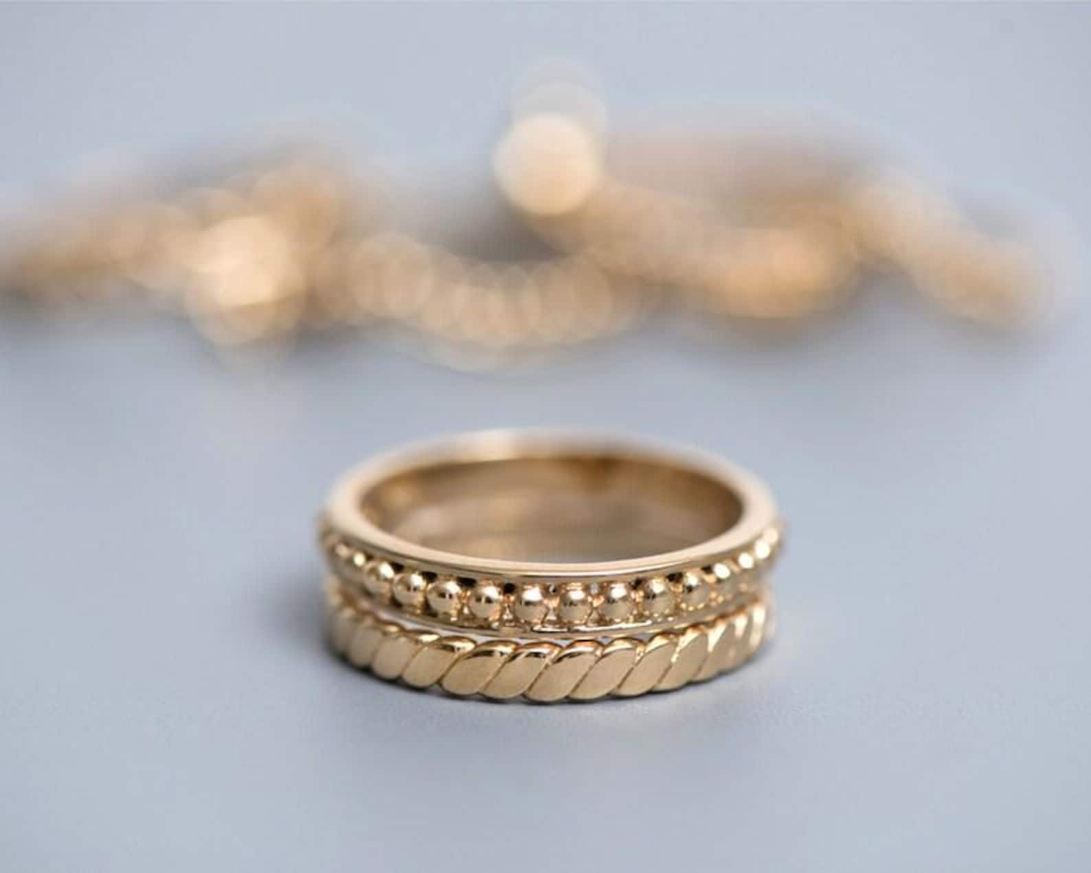 14K Gold Two Stacking Ring Set, Matching Wedding Bands, Boho ...
