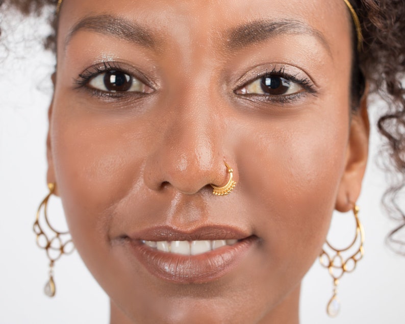 Boho Hoop Nose Ring, 14K Gold Nose Piercing, Unique Nose Hoop, Tribal ...