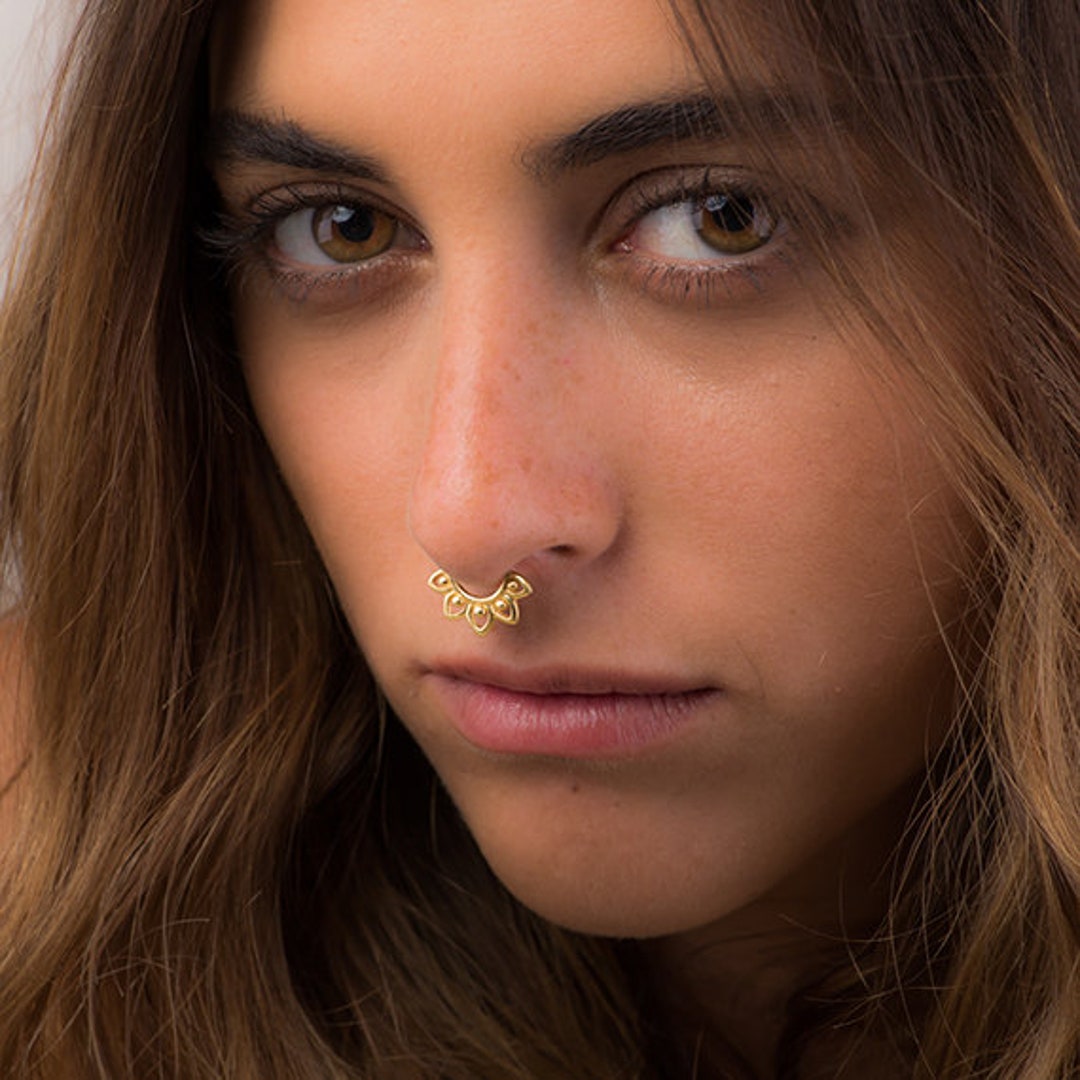 14K Solid Gold Septum Ring, Tribal Lotus Flower Nose Ring, Unisex ...