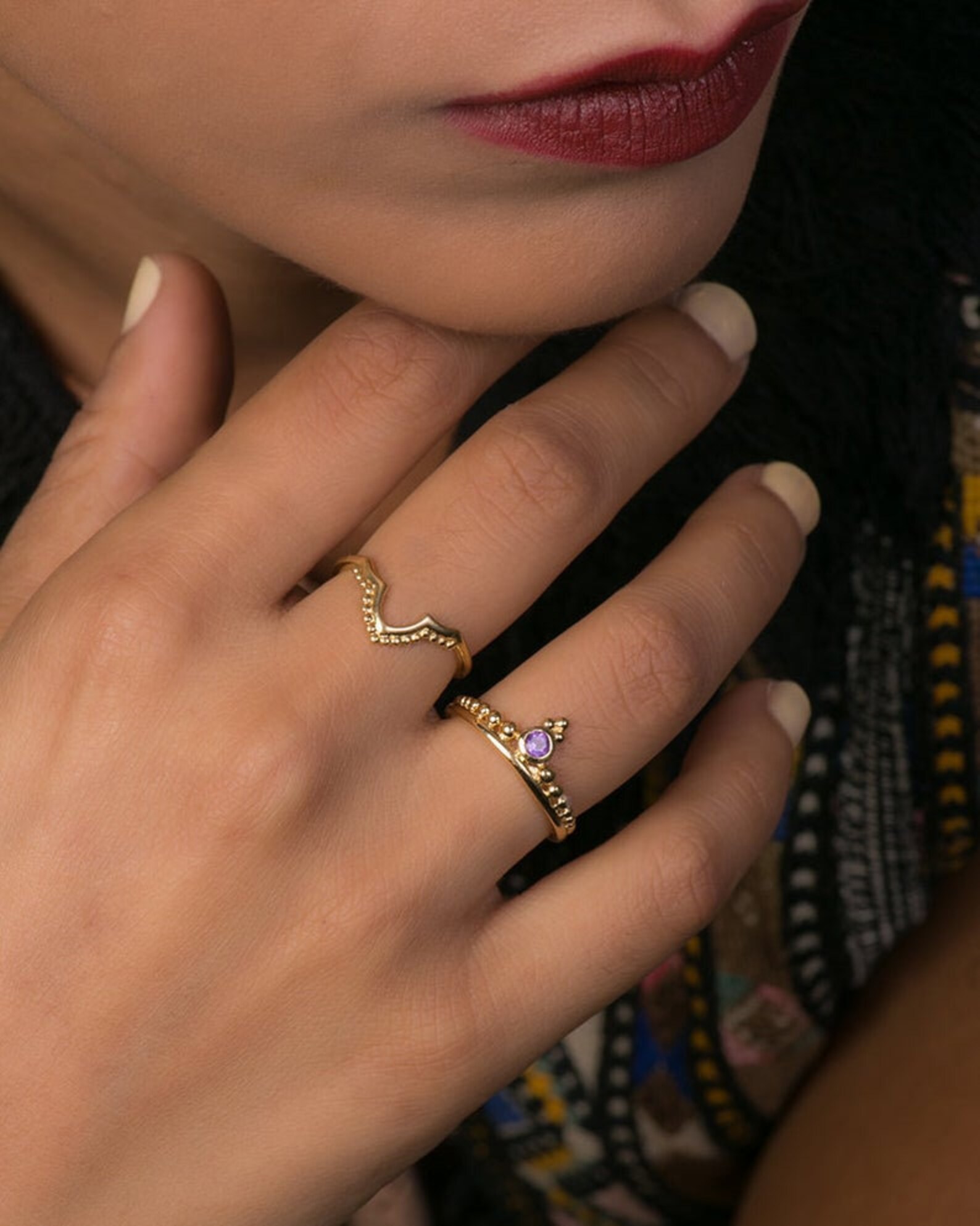 14K Solid Gold Stackable Ring Set, Women's Crown Gemstone Ring Set ...