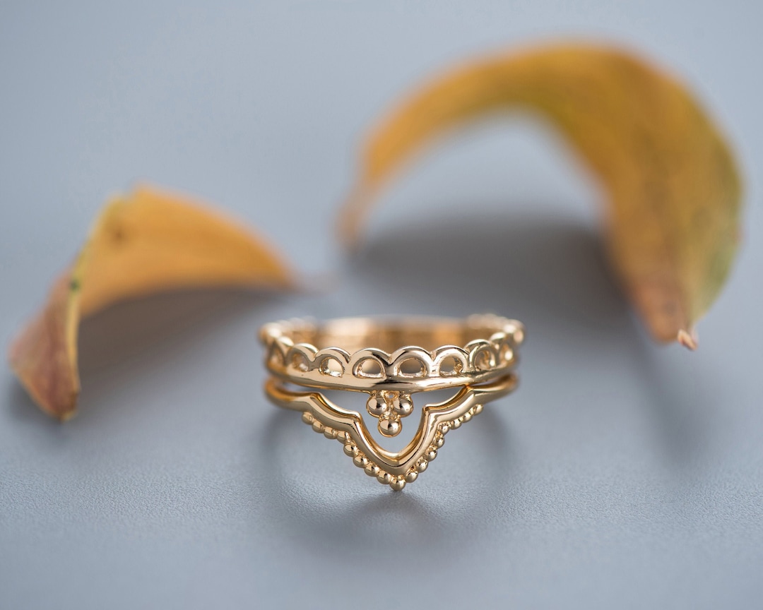 14K Solid Gold Set of 2 Rings, Tribal Gypsy Indian Wedding Ring Set ...