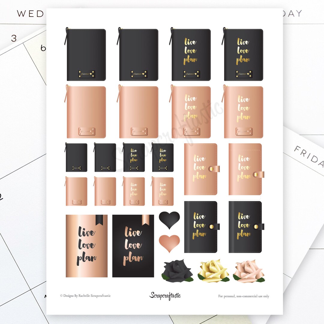 Live Love Plan Rose Gold and Black Planner Printable Stickers | Clip ...
