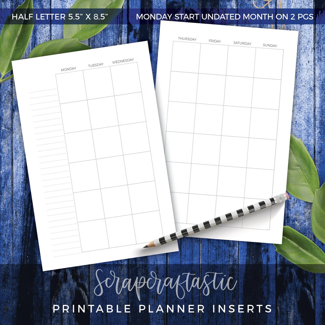 HALF LETTER Undated Monday Start Month on Two Pages Printable Planner ...