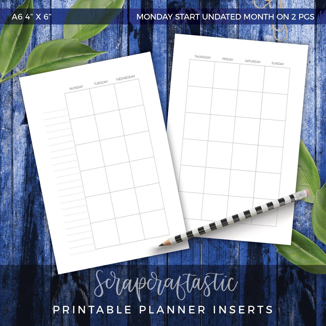 A6 4x6 Undated Monday Start Month on Two Pages Printable Planner ...