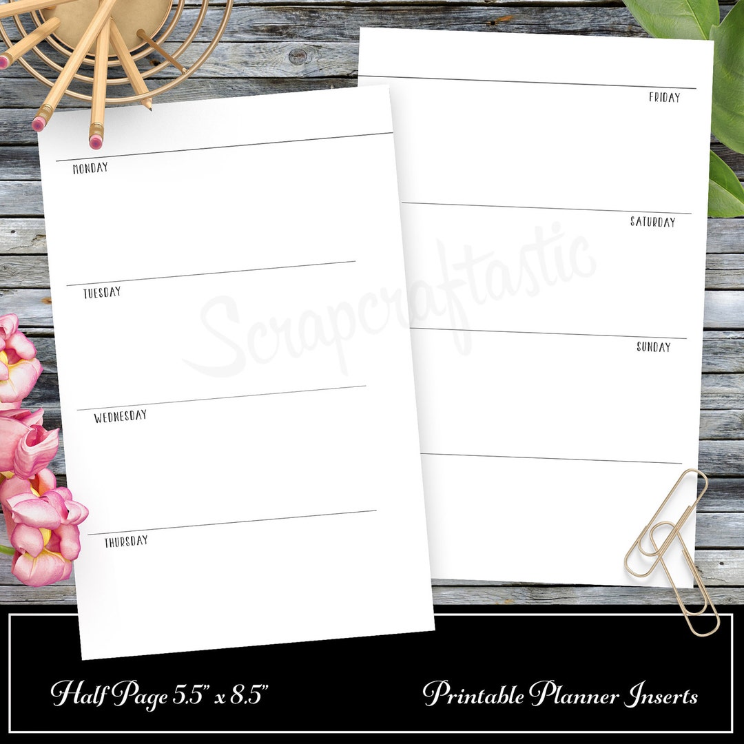 WO2P Horizontal Planner Printable Insert Refill Half Page (A5) Size ...