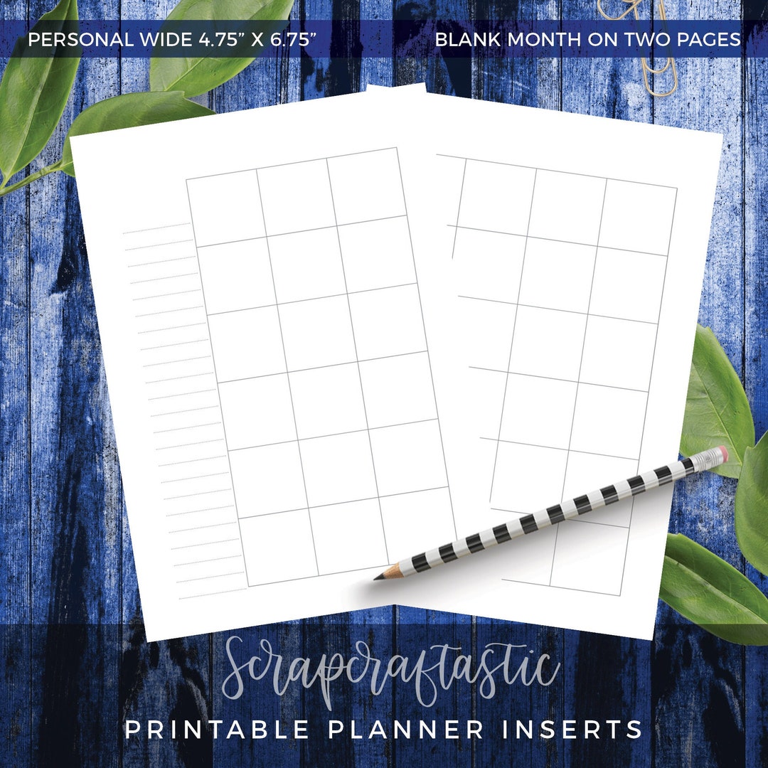 PERSONAL WIDE Blank Month on Two Pages Printable Planner Inserts ...