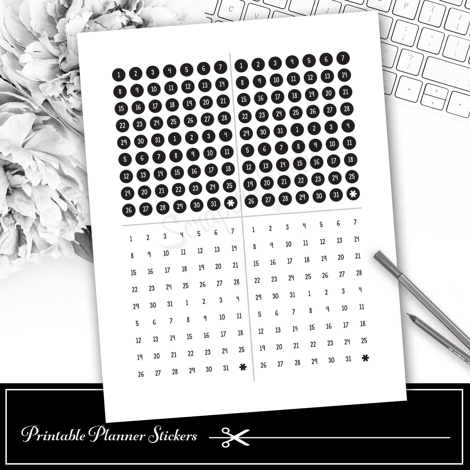 Black and White Date Dots Printable Planner Stickers Digital | Etsy