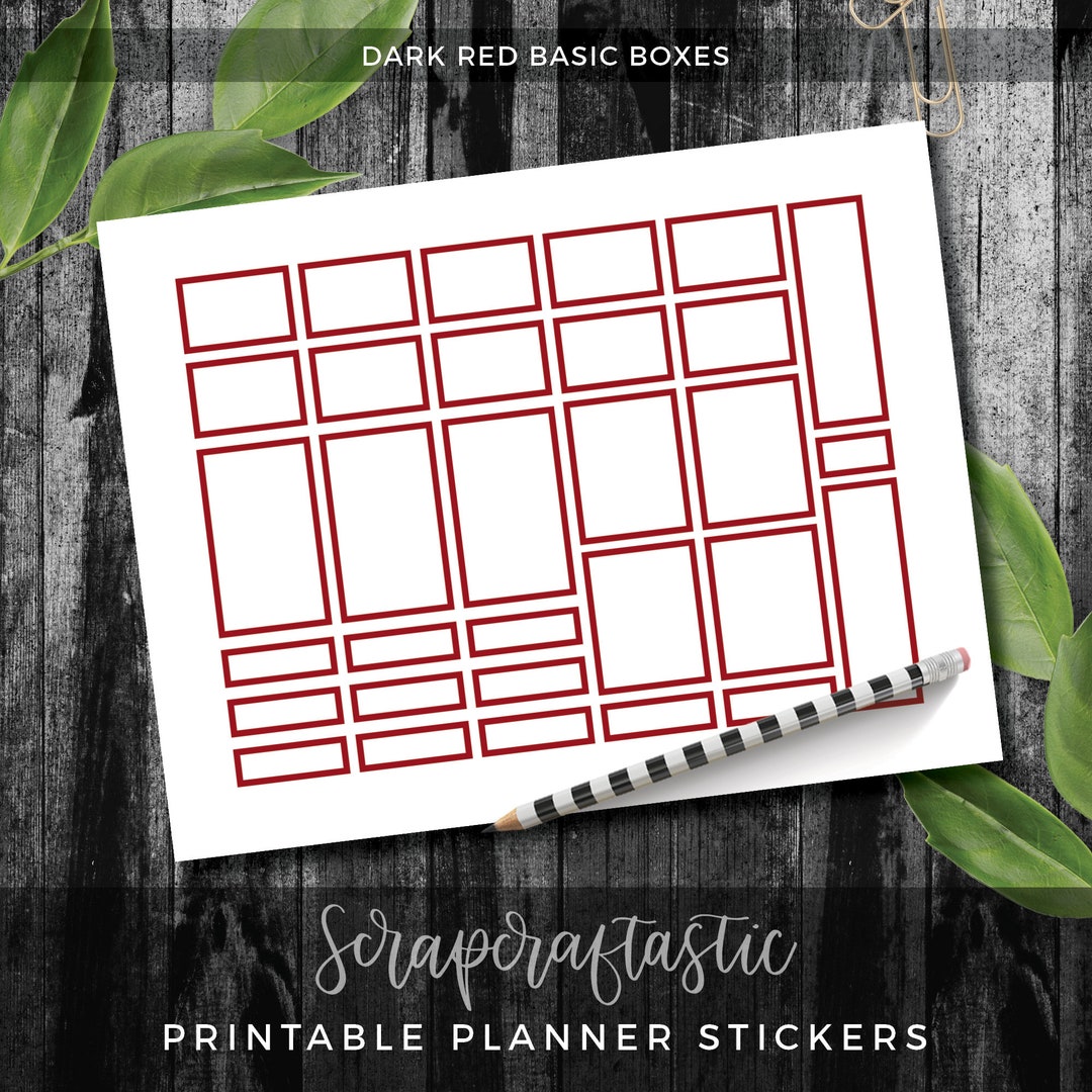 DARK RED Basic Boxes Printable Planner and Journal Functional Stickers ...