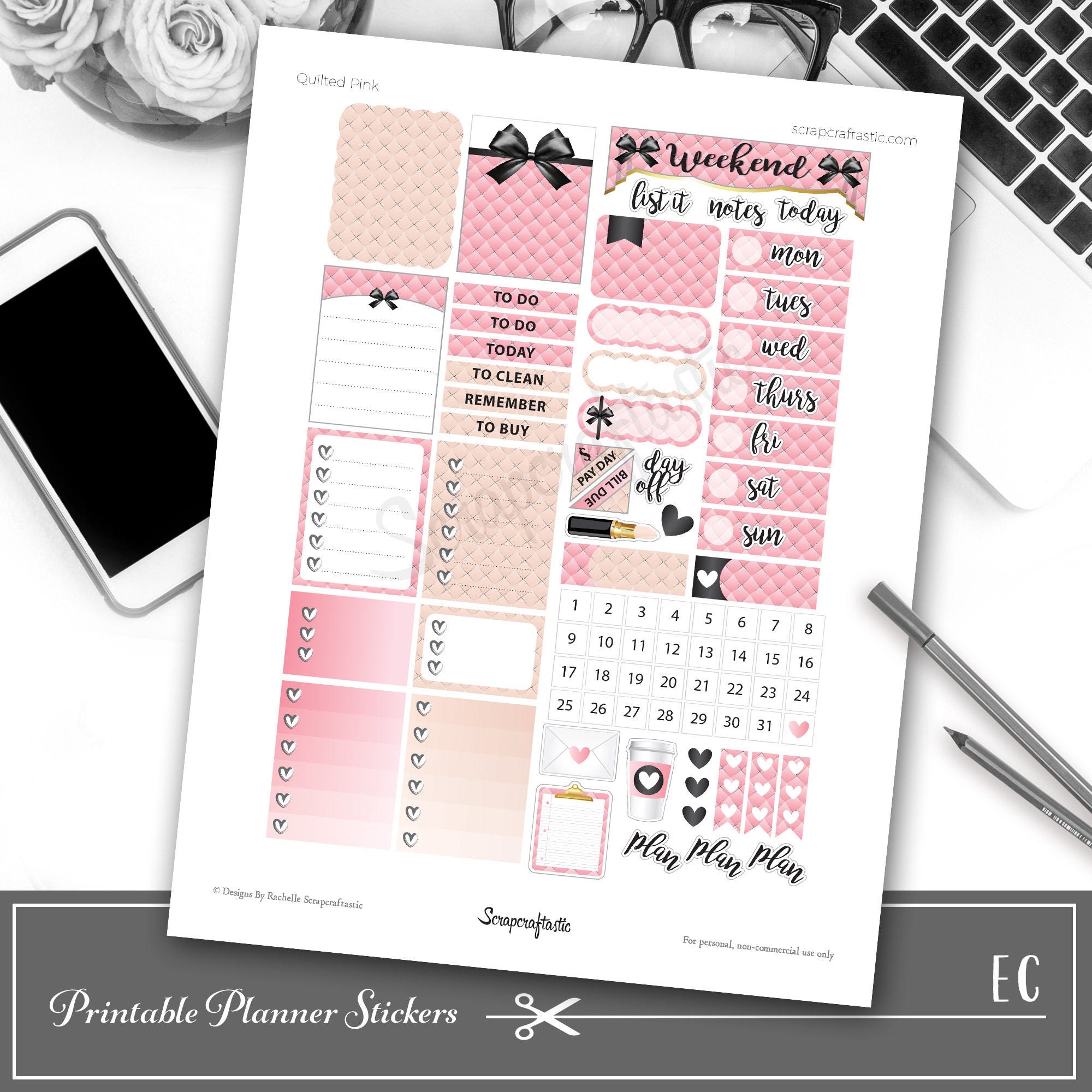Quilted Pink Printable Planner Stickers - Etsy