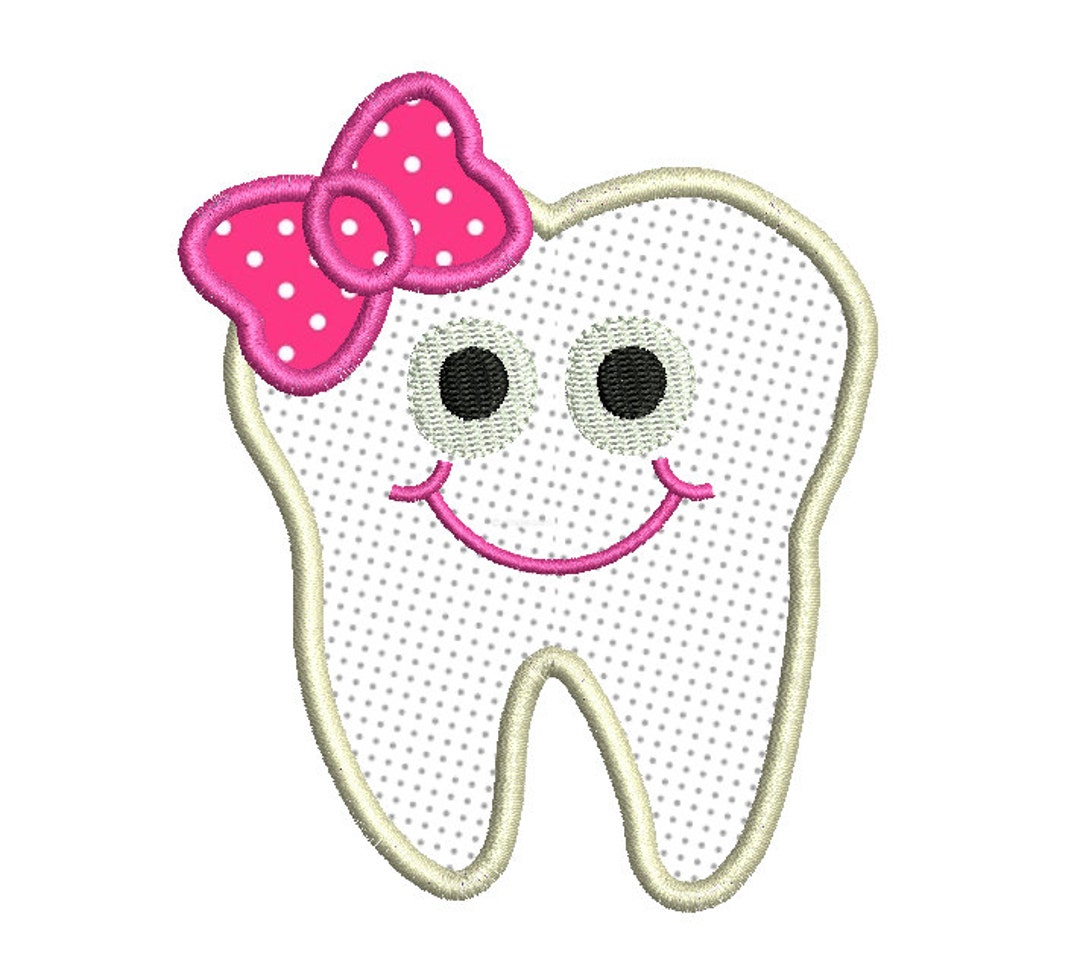 Tooth Machine Embroidery Applique Design, Baby Tooth With Bow, Girl's ...