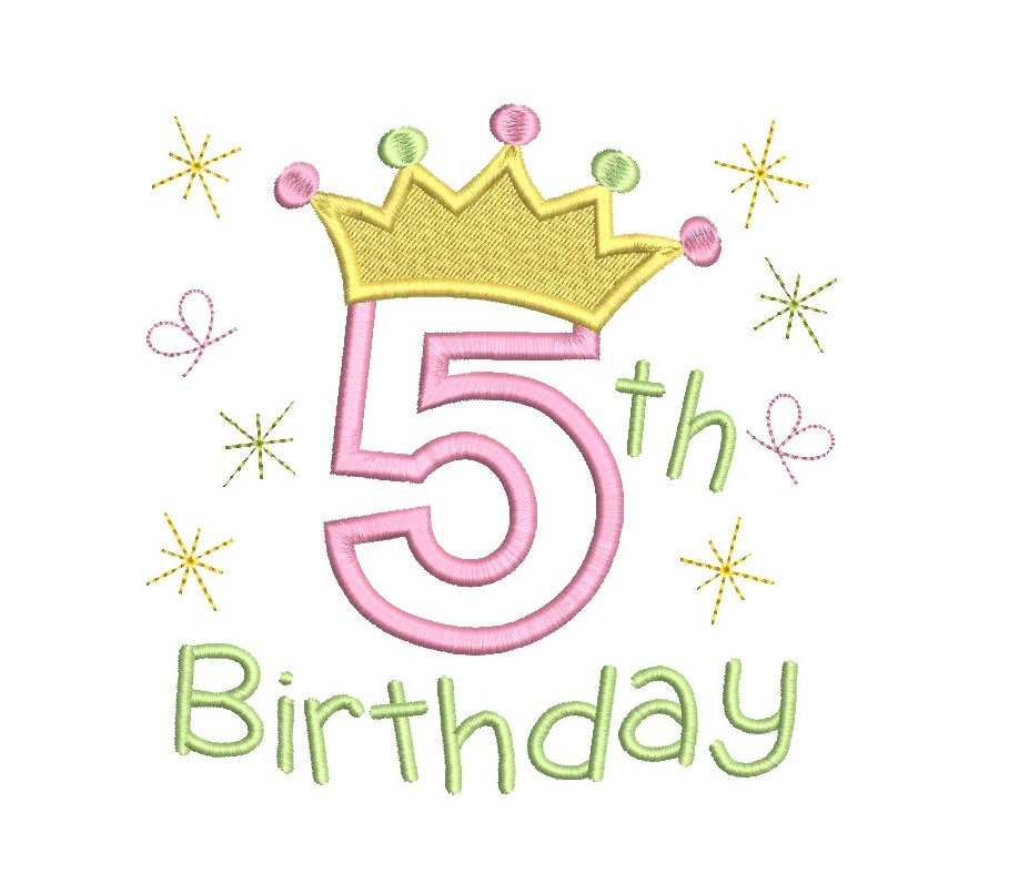 5th Birthday Princess Applique Embroidery Design, Crown, Girl's 5th ...