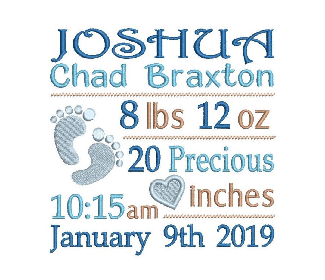 Baby Birth Announcement Embroidery Design, Customised Birth Stats ...