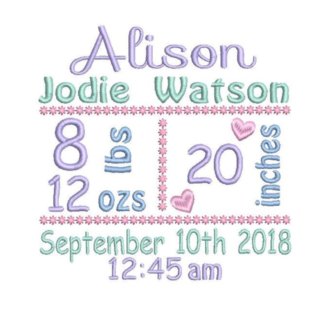 Birth Announcement Embroidery Design, Baby Girl Birth Template, Birth ...