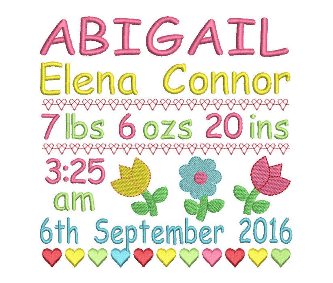 Birth Announcement Machine Embroidery Design, Customised, Baby Birth ...