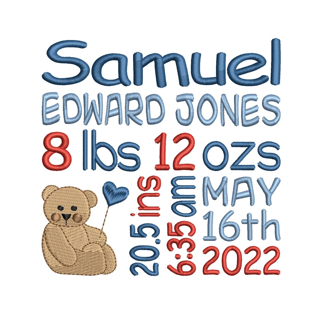 Baby Birth Template Embroidery Design, Cute Teddy, Subway Art, Birth ...