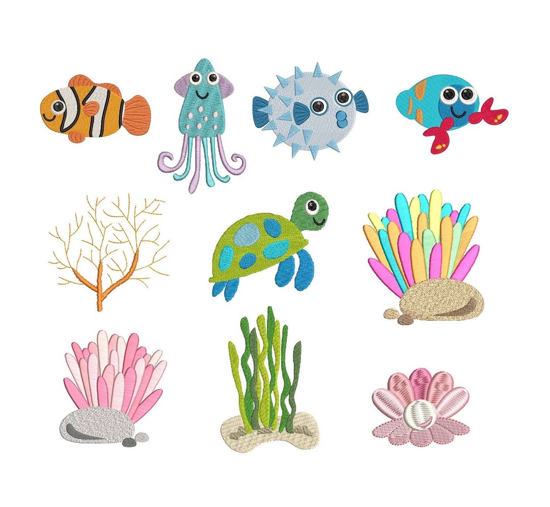 Sea Life Machine Embroidery Designs, Set of 10 Mini Fill Stitch Sea ...