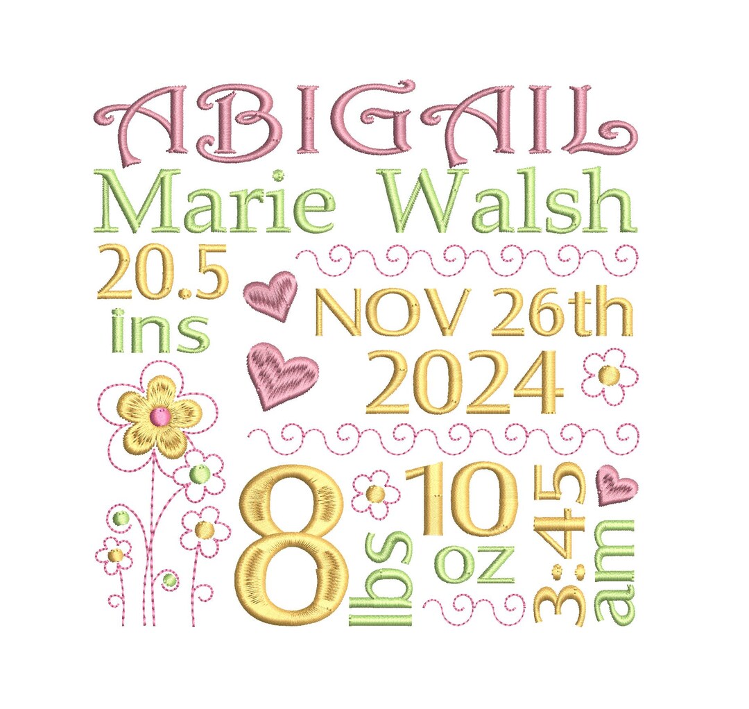 Birth Announcement Machine Embroidery Design, Customised, Baby Birth ...