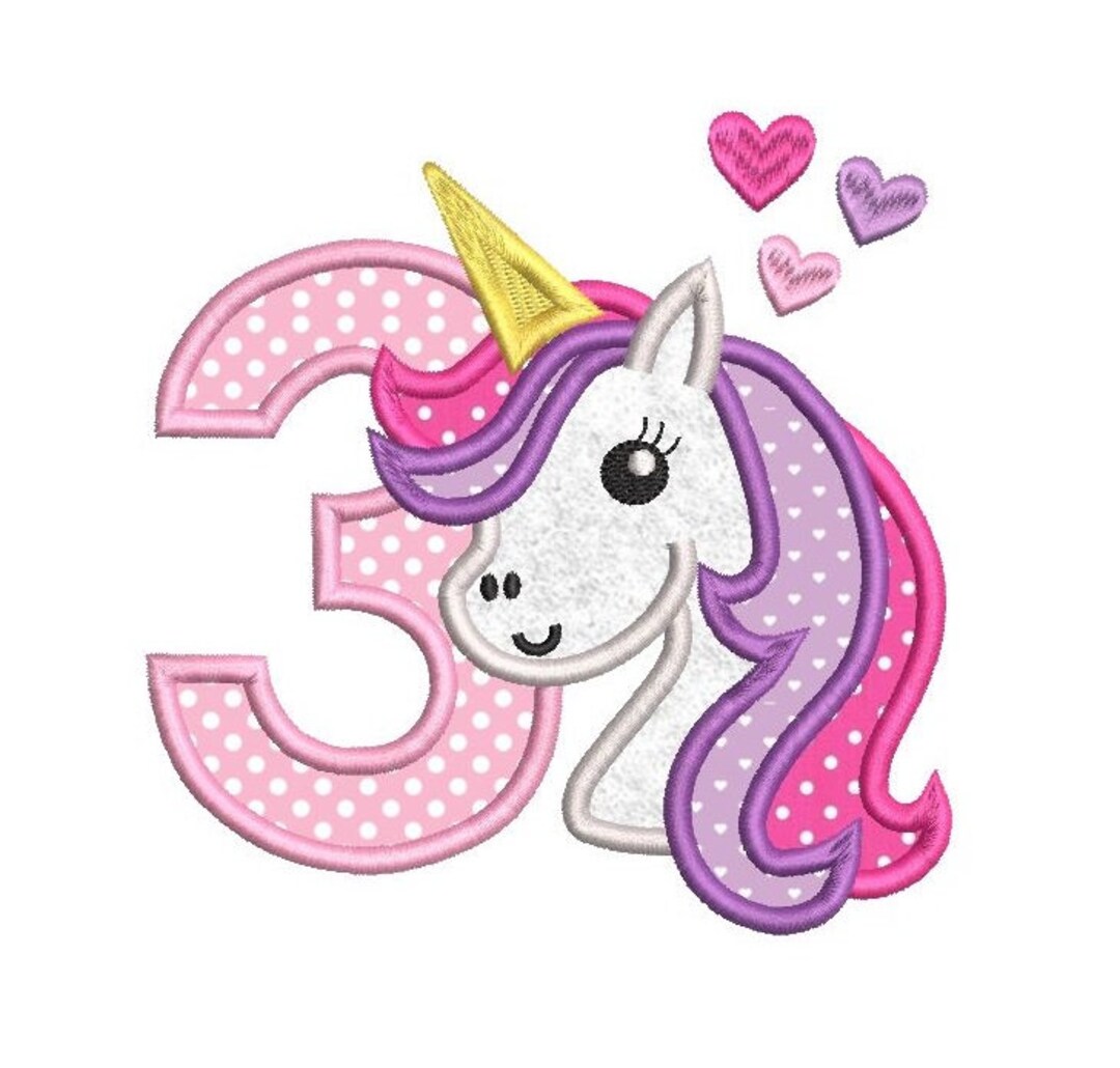 3rd Birthday Machine Embroidery Applique Design, Unicorn Applique, Cute ...