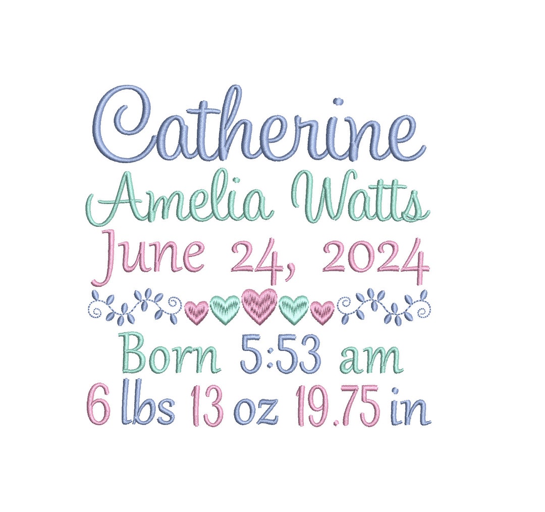 Birth Announcement Embroidery Design, Baby Girl, Customised ...