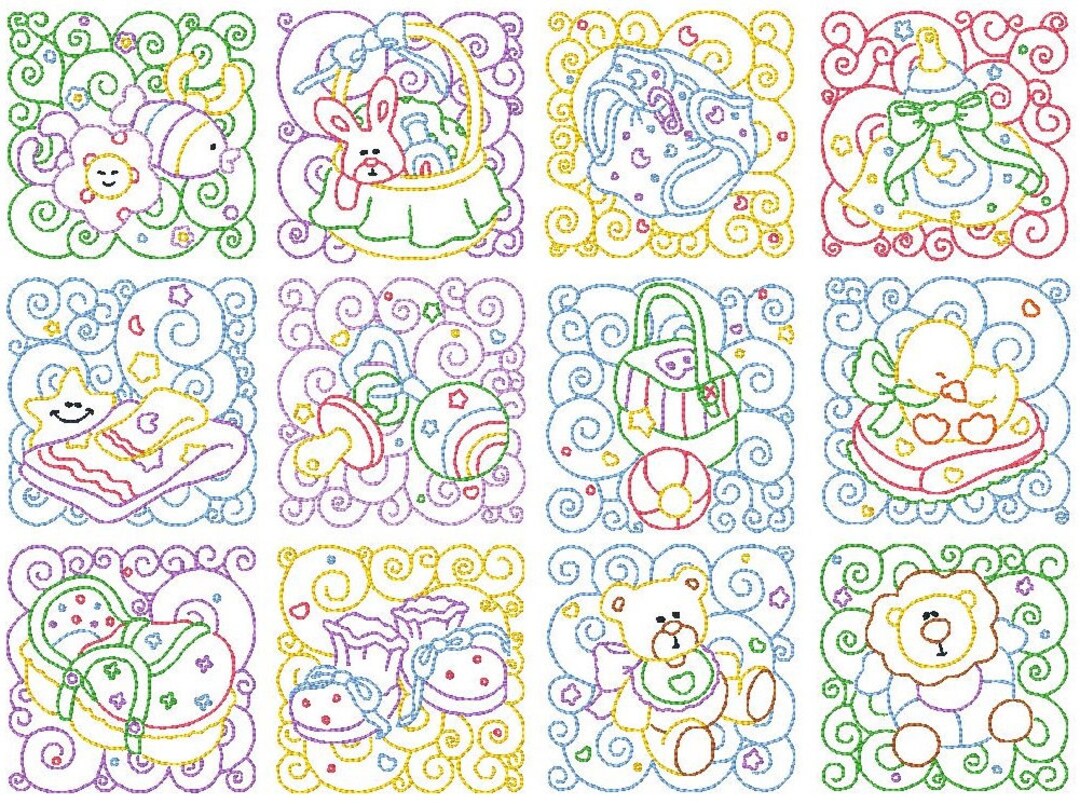 Baby Quilt Blocks Machine Embroidery Designs, Set of 12 Cute Linework ...
