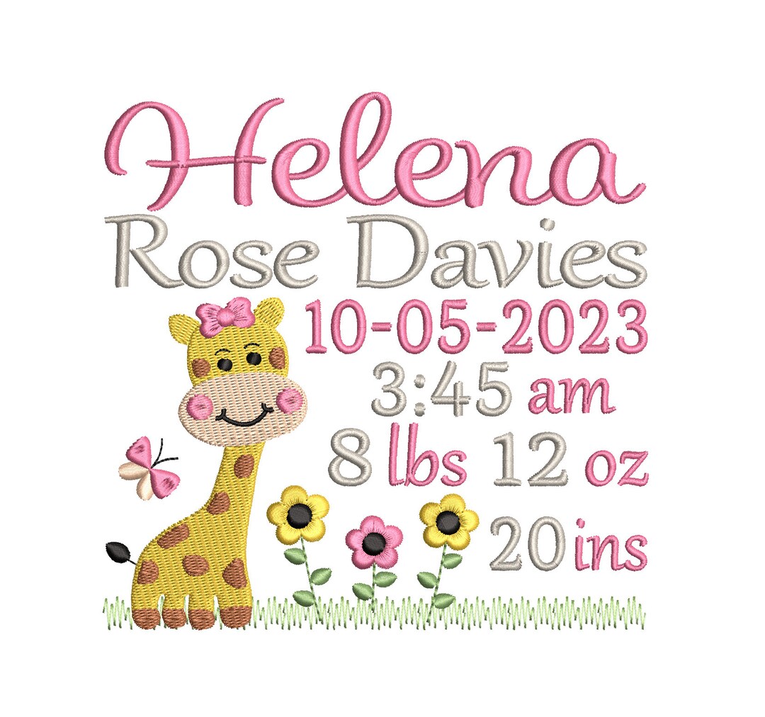 Baby Birth Announcement Embroidery Design, Personalised, Giraffe ...