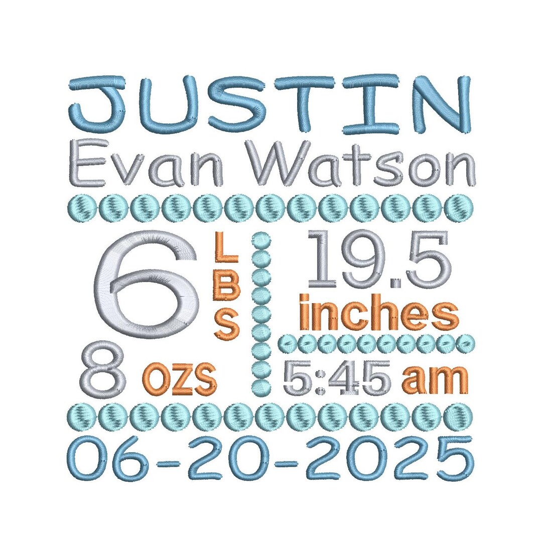Baby Birth Announcement Embroidery Design, Customised Baby Birth Stats ...