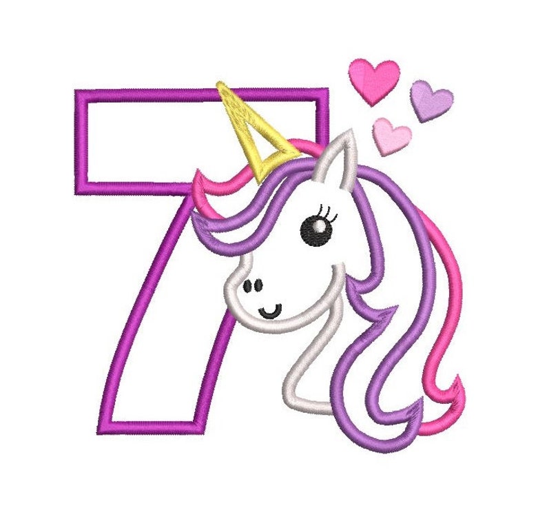 7th Birthday Embroidery Applique Design, Cute Unicorn, 7th Birthday ...