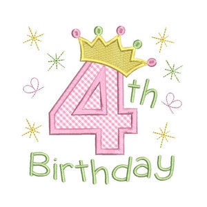 4th Birthday Princess Embroidery Design, Princess Crown, Girl's ...