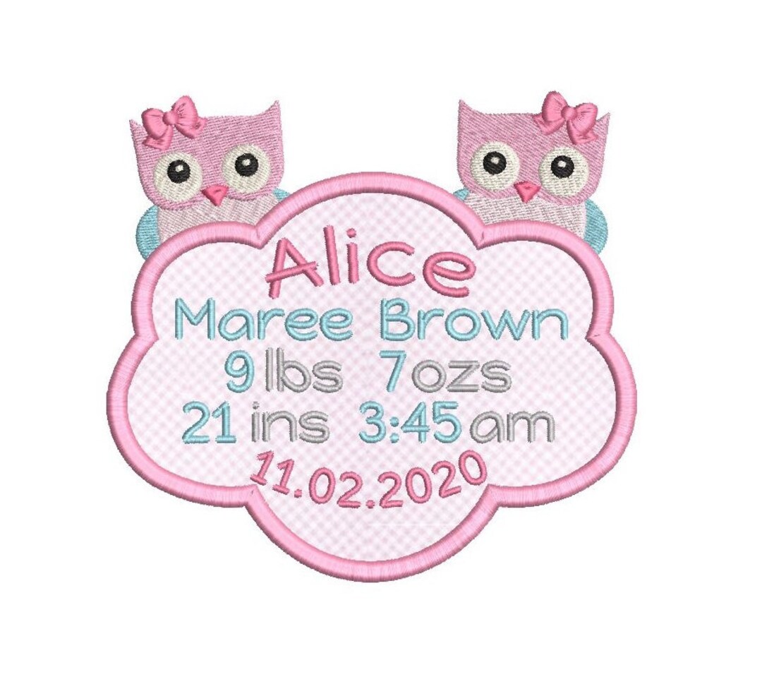 Birth Template Applique Embroidery Design, Baby Birth Stats, Baby Owls ...