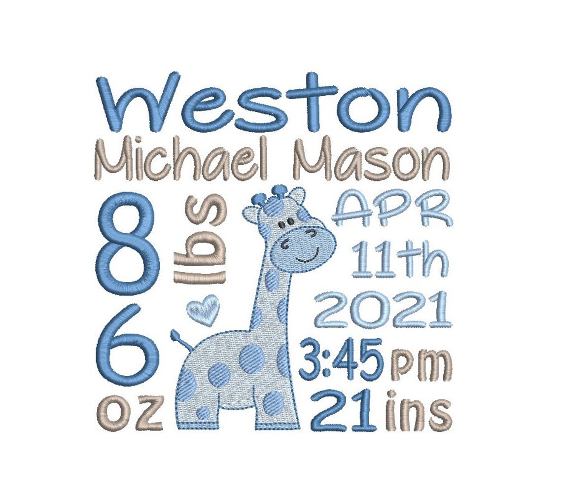 Baby Birth Template Embroidery Design, Baby Birth Stats, Giraffe ...