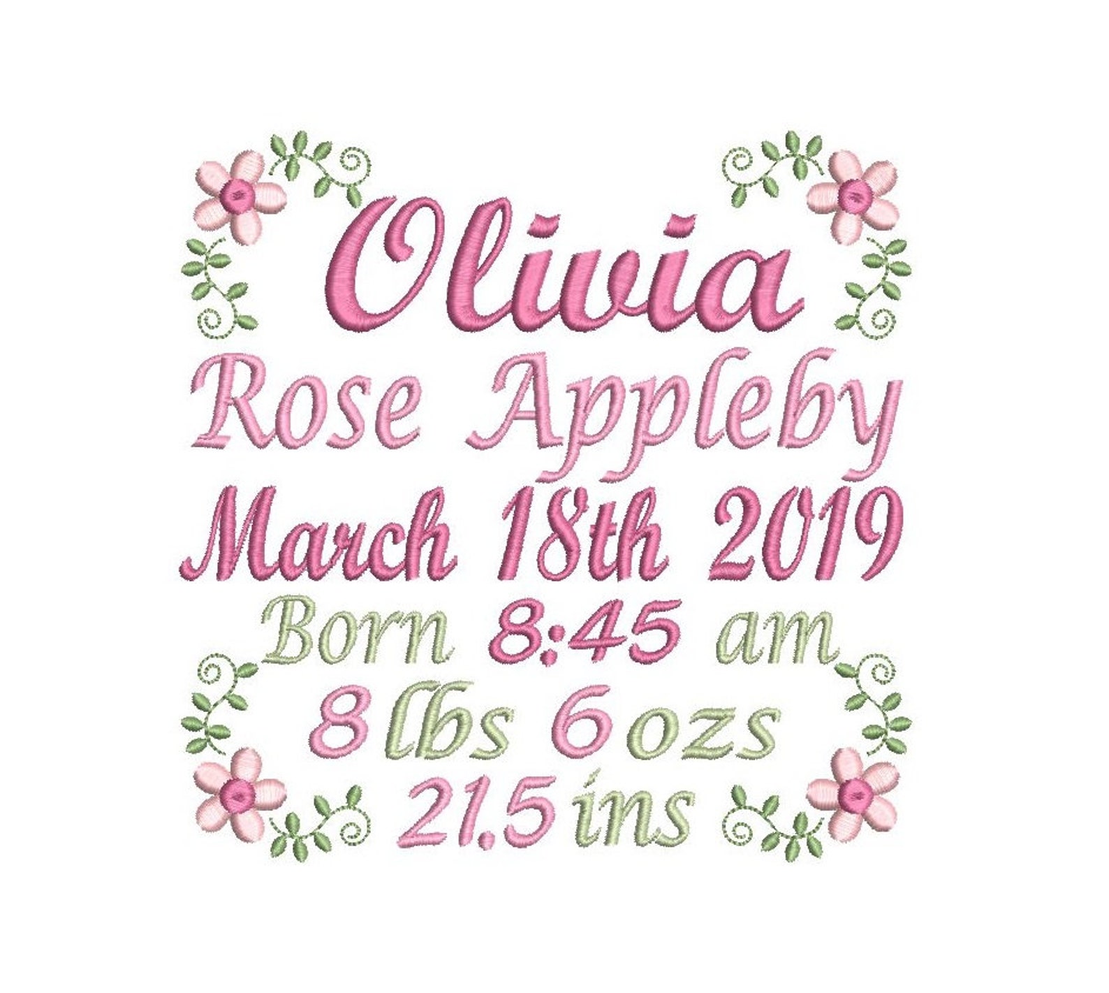 Birth Announcement Embroidery Design, Customised, Baby Girl ...