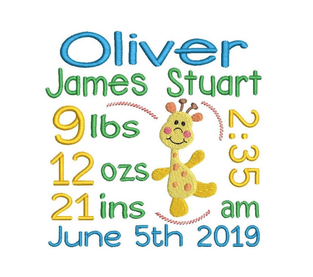 Baby Birth Template Embroidery Design, Baby Birth Stats, Giraffe ...