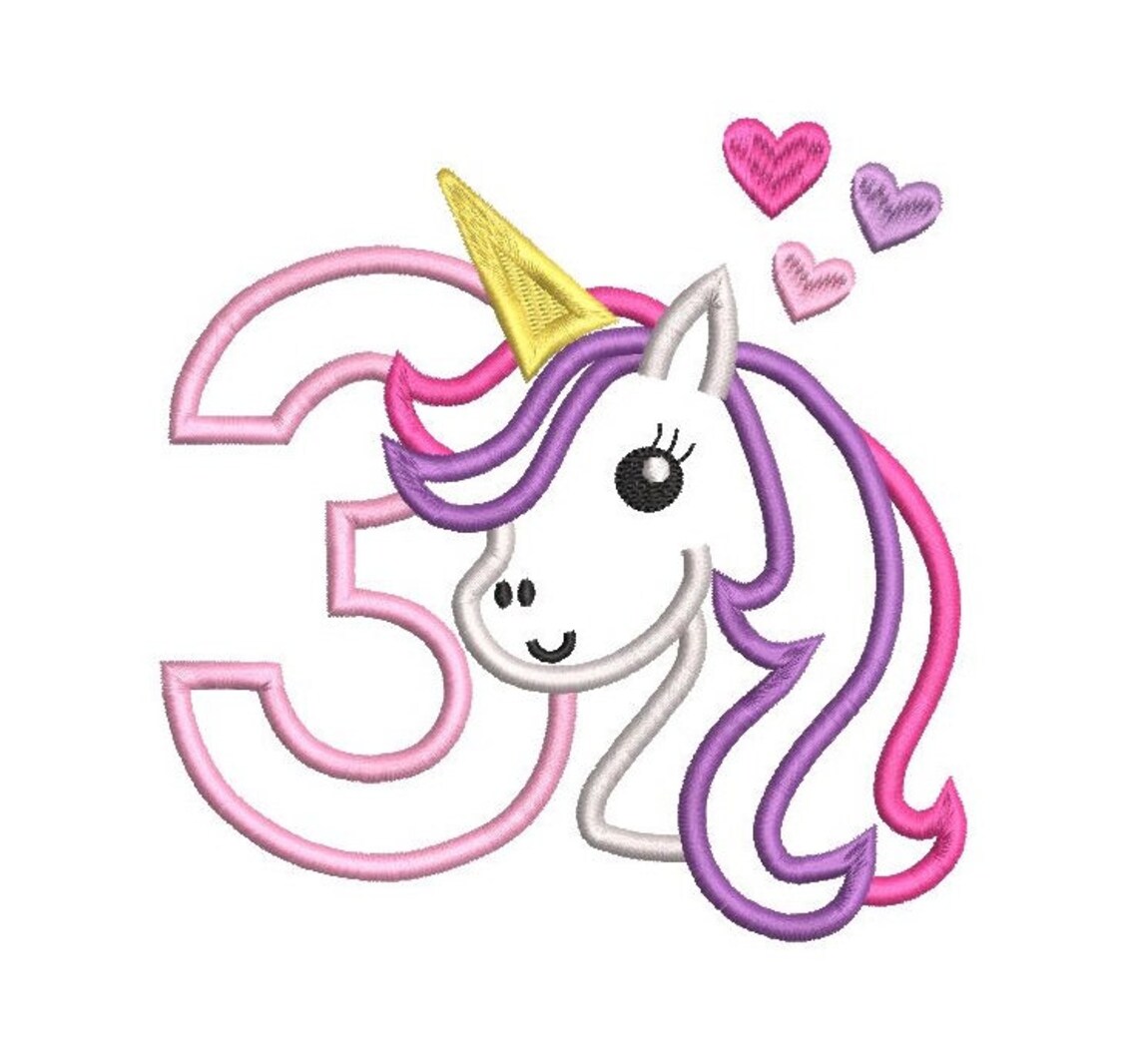 3rd Birthday Machine Embroidery Applique Design, Unicorn Applique, Cute ...