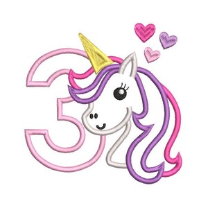 3rd Birthday Machine Embroidery Applique Design, Unicorn Applique, Cute ...