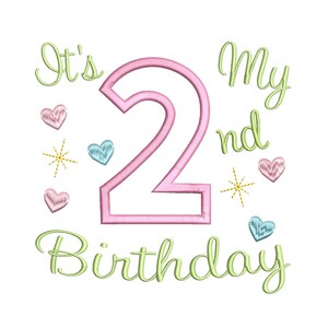 2nd Birthday Applique Embroidery Design, Girl's Second Birthday, Hearts ...