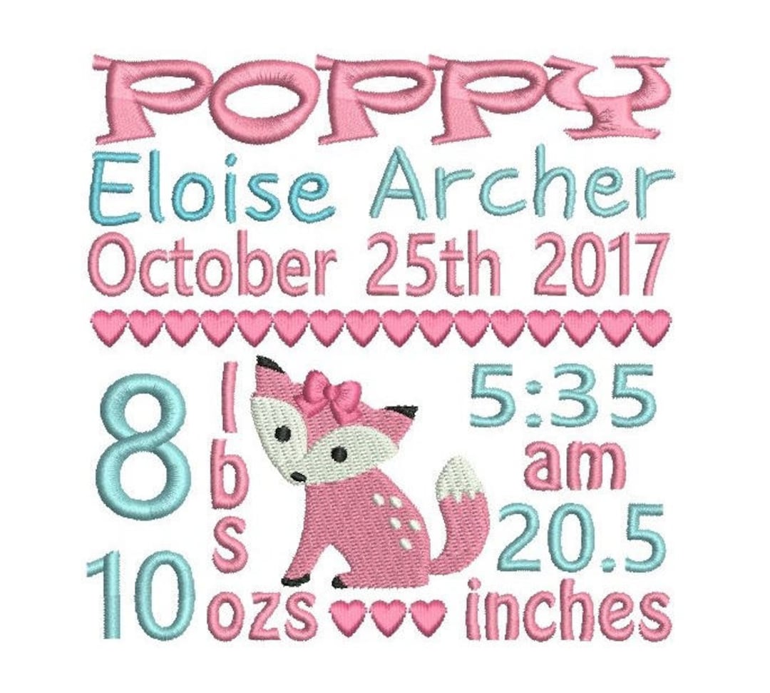 Fox Birth Announcement Machine Embroidery Design, Personalized Baby ...