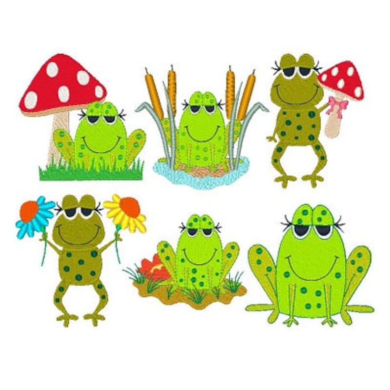 Cute Frog Machine Embroidery Designs, Set of 6 Fill Stitch Frogs, Green ...