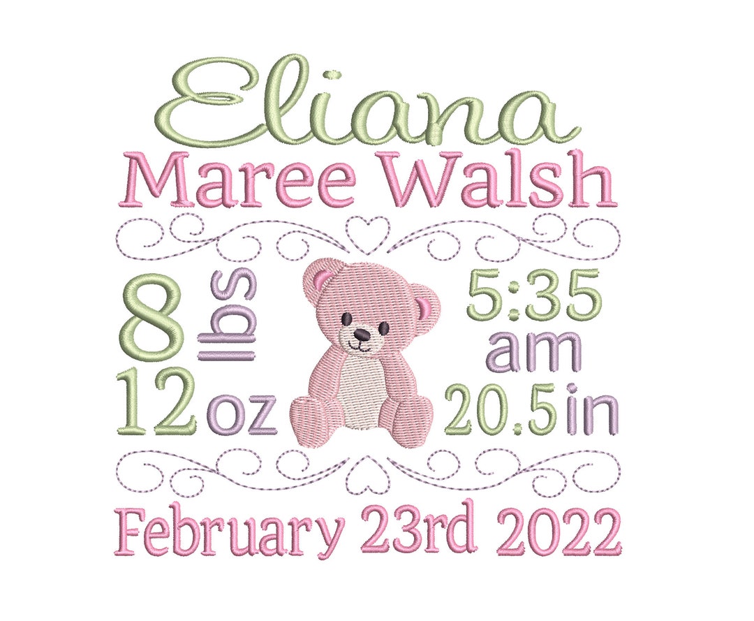Birth Announcement Template Embroidery Design, Baby Birth Stats, Teddy ...