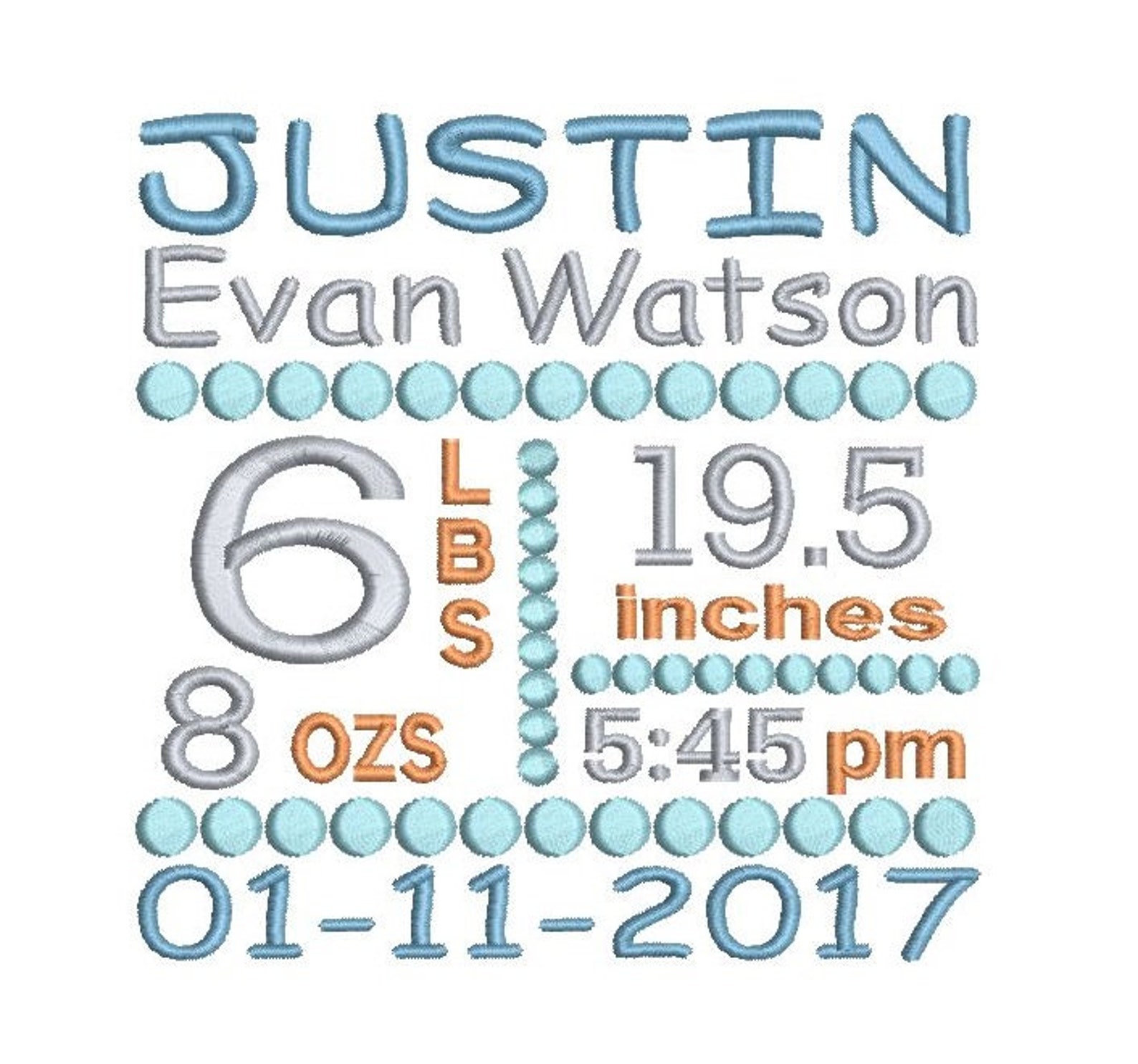 Birth Announcement Embroidery Design, Template, Baby Birth Stats ...