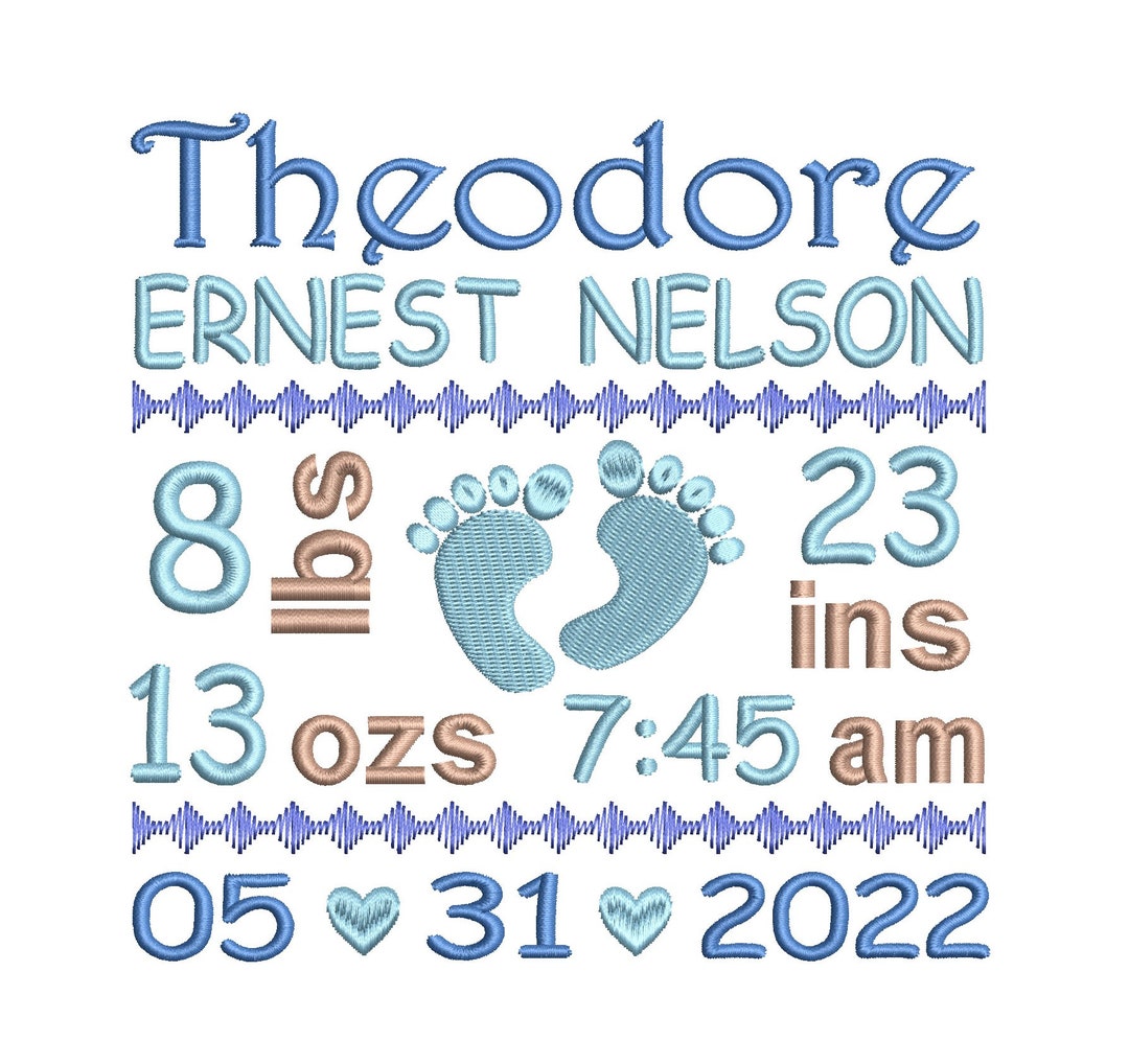 Baby Birth Announcement Embroidery Design, Customised Birth Stats ...