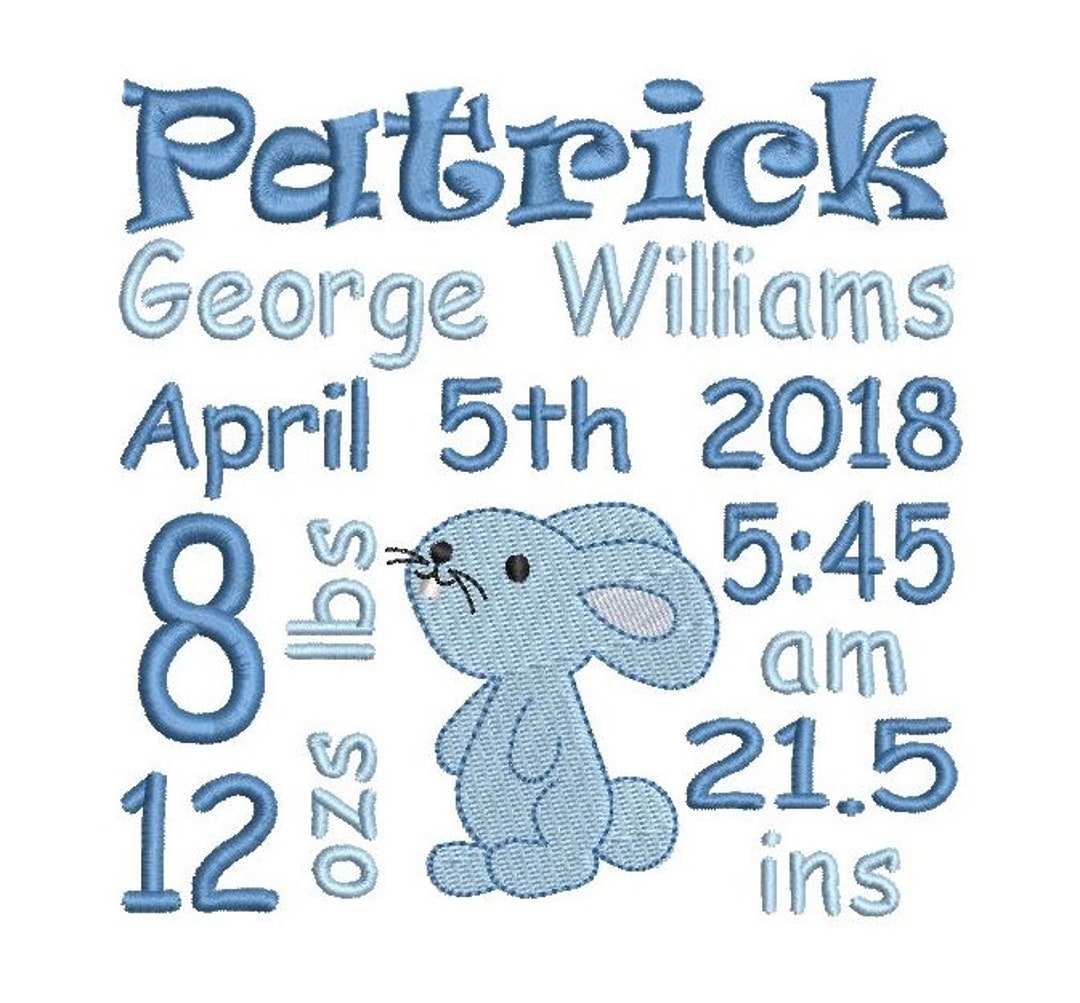 Birth Announcement Embroidery Design, Customised, Baby Birth Stats ...