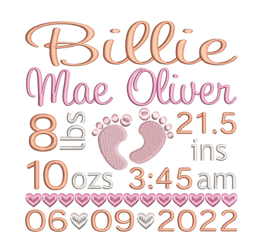 Baby Birth Template Embroidery Design, Baby Birth Stats, Baby Feet ...
