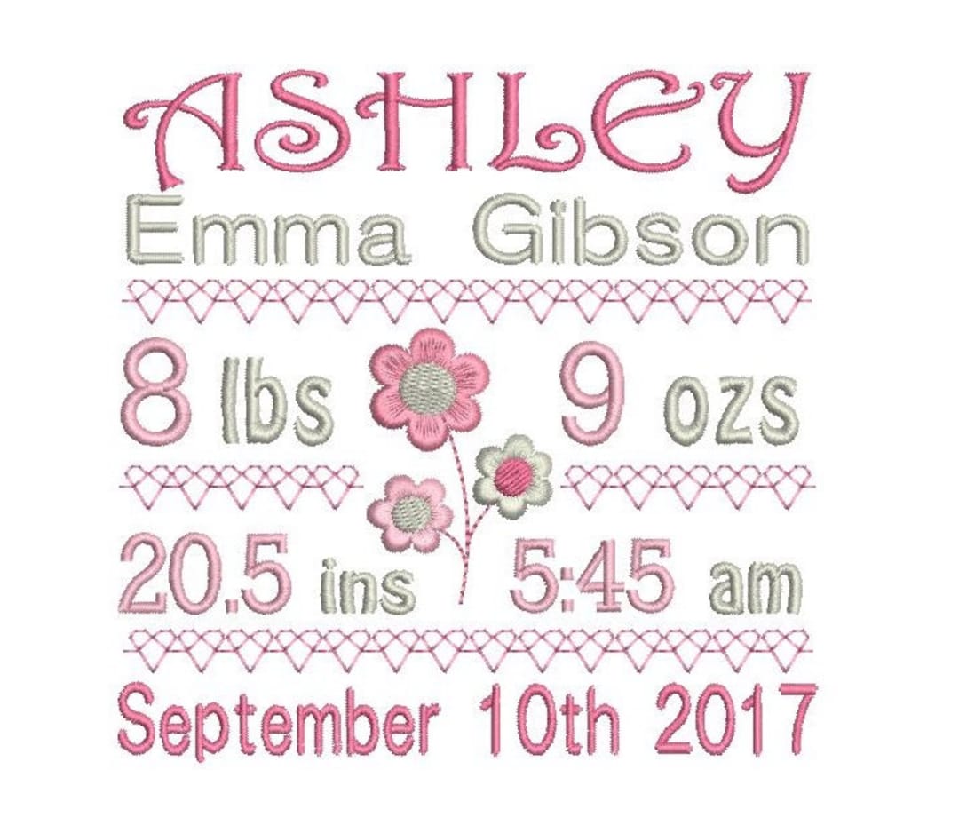 Birth Announcement Embroidery Design, Baby Girl Birth Template, Birth ...