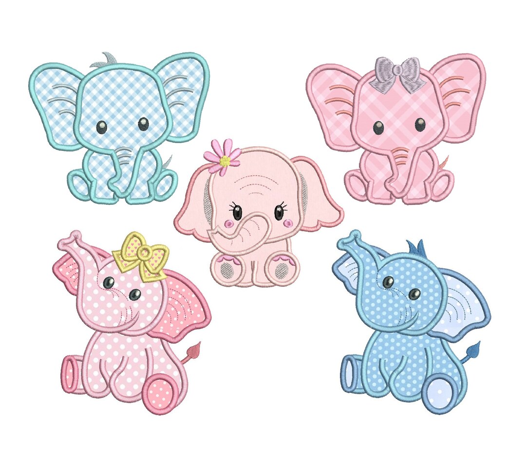 Elephant Applique Designs, Set of 5, Baby Elephants, Machine Embroidery ...