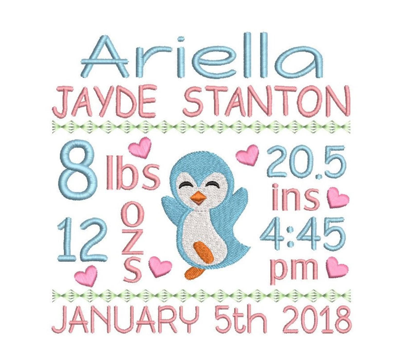 Birth Announcement Embroidery Design, Baby Girl Birth Template, Birth ...