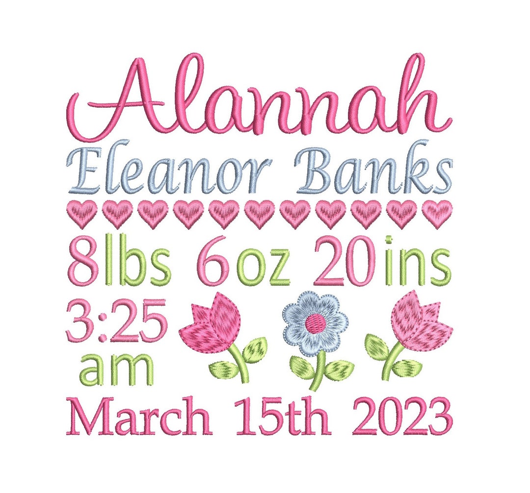 Birth Announcement Machine Embroidery Design, Customised, Baby Birth ...