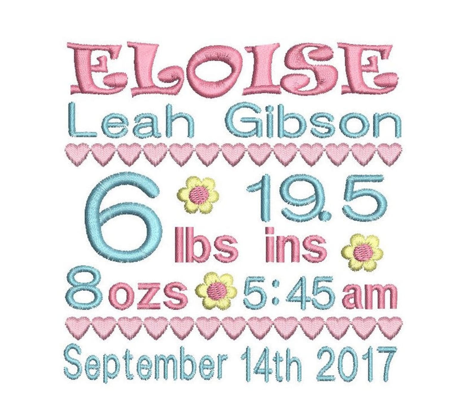 Birth Announcement Embroidery Design, Personalised, Baby Birth Stats ...
