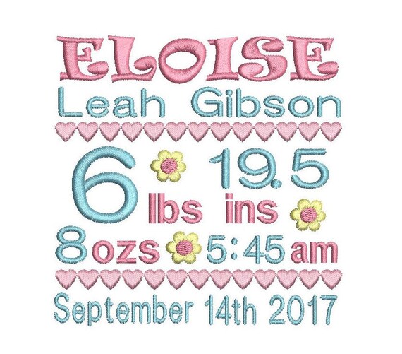 Birth Announcement Embroidery Design Personalised Baby Birth | Etsy